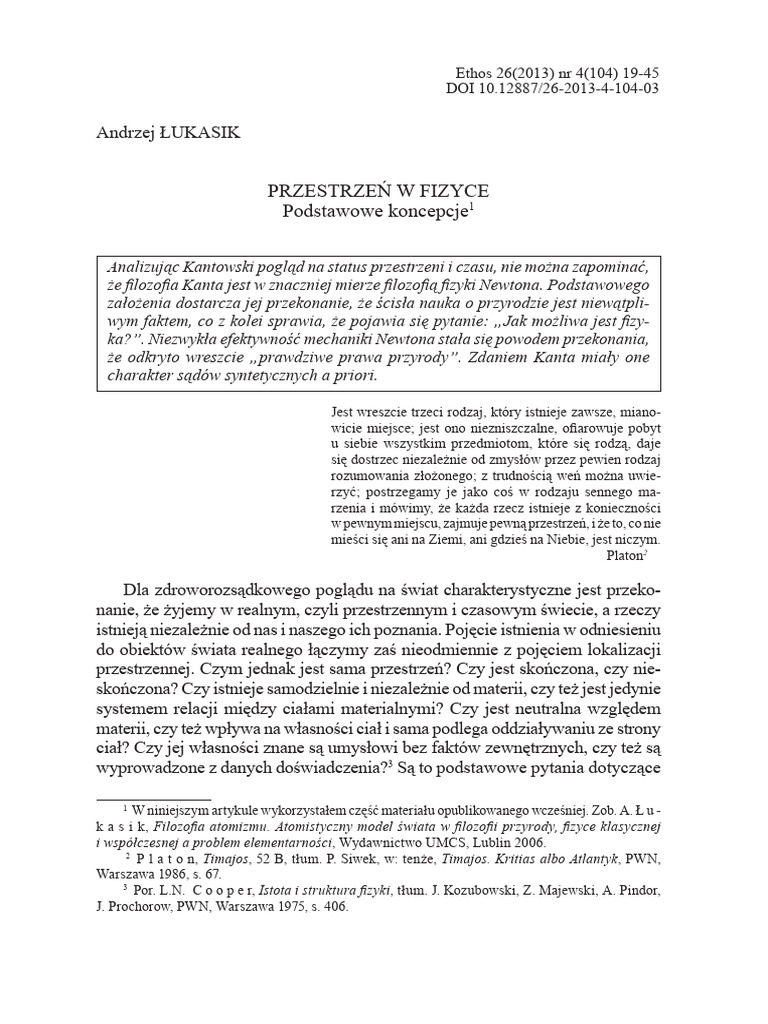 Przestrzeń W Fizyce Podstawowe Koncepcje: Ethos 26 (2013) NR 4 (104) 19-45 DOI 10.12887/26-2013 ...