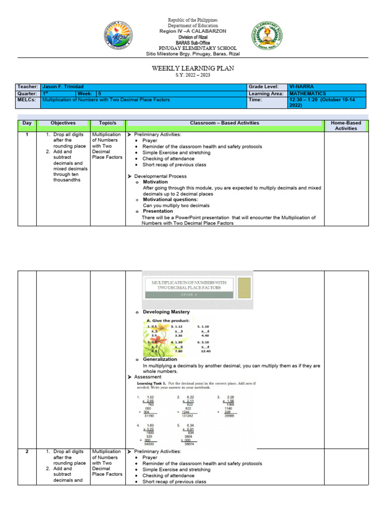 Math 6 5 week q1 | PDF | Multiplication | Decimal
