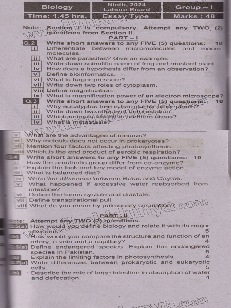 Past Paper 2024 Lahore Board Class 9th Biology Group I Subjective ...