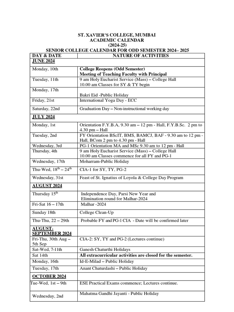St. Xavier's College Academic Calendar 2024-25 | PDF | Academic Term ...