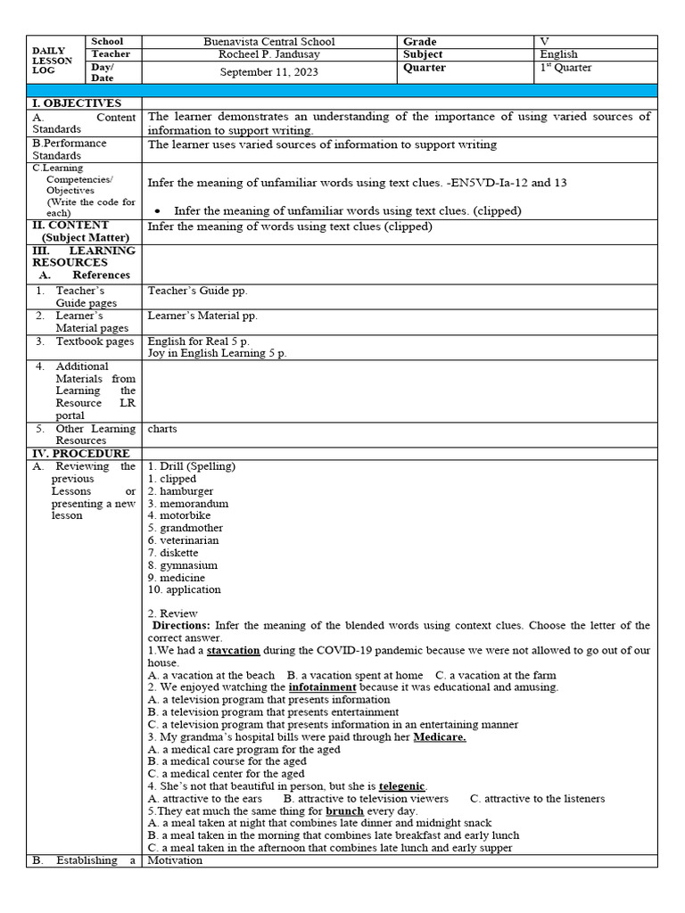 Infer The Meaning of Words Using Text Clues (Clipped) | PDF | Meal | Lunch