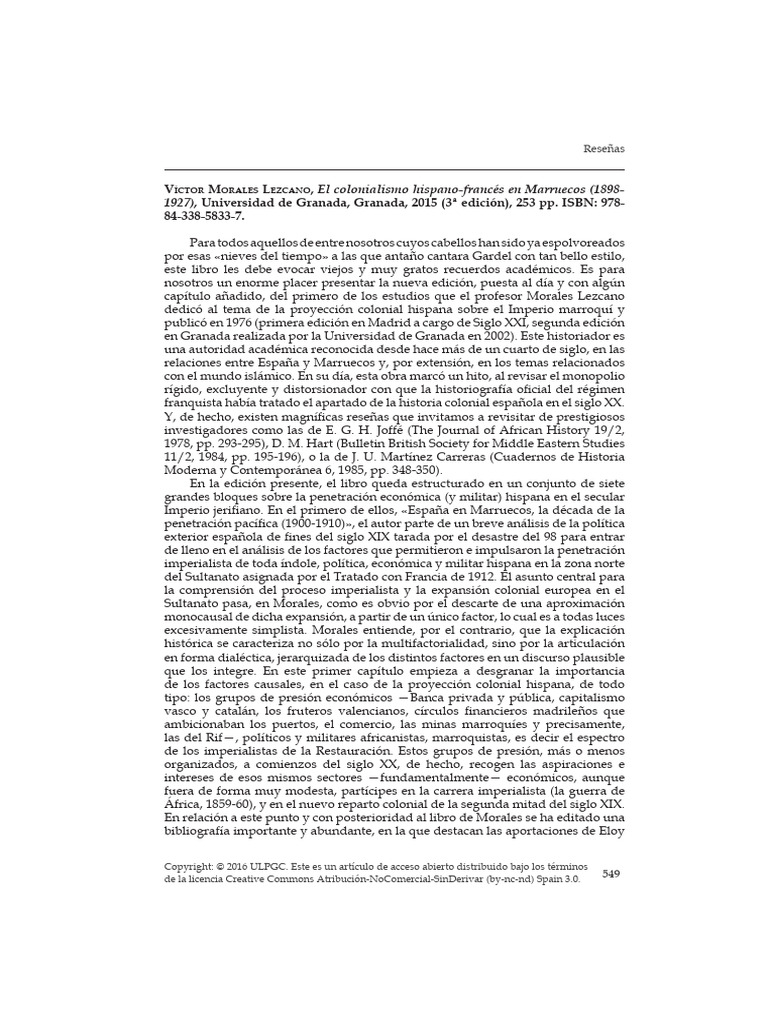 VÍCTOR MORALES LEZCANO, El Colonialismo Hispano-Francés en Marruecos (1898 | PDF