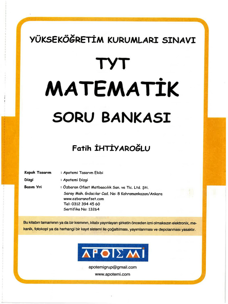 Fatih İhtiyaroğlu - Apotemi TYT Matematik Soru Bankası 18-19-Apotemi Yayınları (2018) | PDF