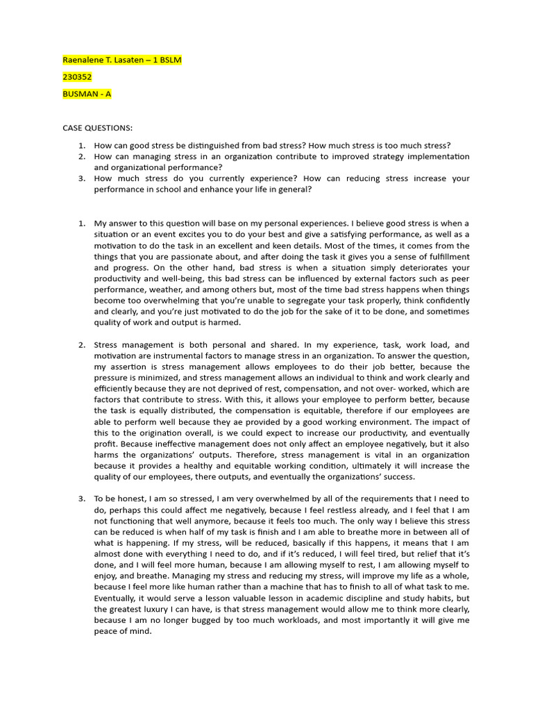 STRESS CASE QUESTIONS | PDF | Stress Management | Stress (Biology)