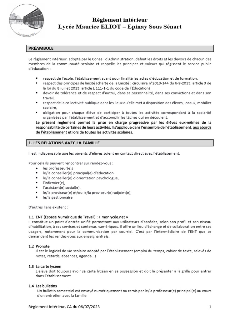 Règlement Intérieur du Lycée Maurice Eliot | PDF | Enseignants ...