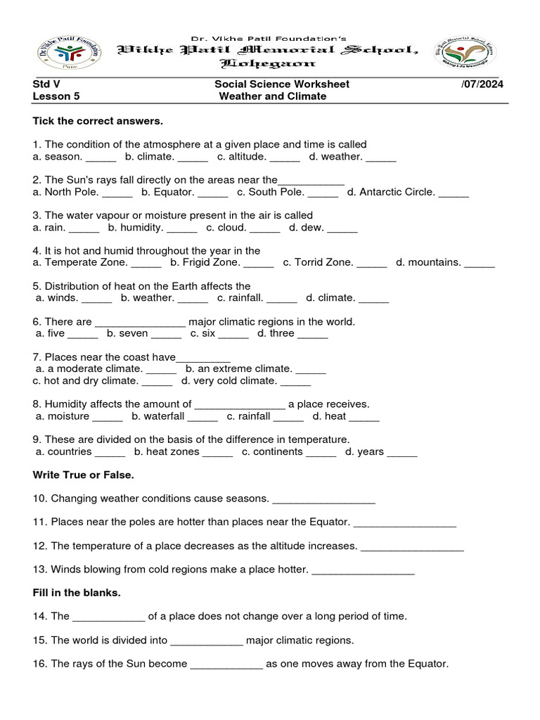 STD V SST Lesson 5 Worksheet - 240726 - 110424 | PDF | Climate | Weather