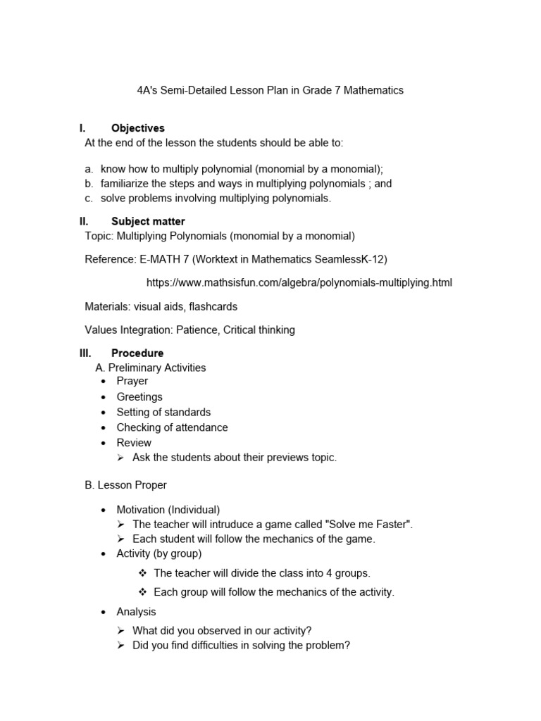 Lesson Plan in Polynomial (New) | PDF | Polynomial | Mathematics