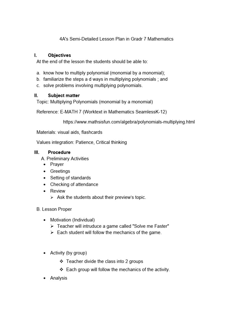 Lesson Plan in Polynomial | PDF | Polynomial | Mathematics