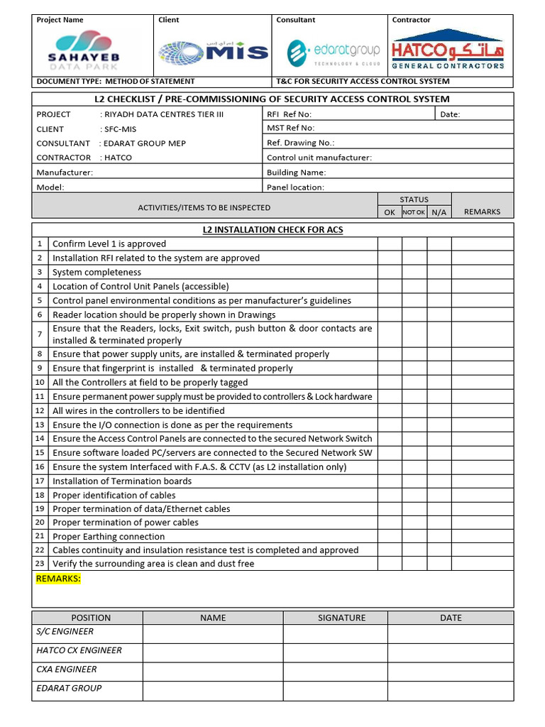 L2 Checklist Pre-Commissioning of Security Access Control | PDF ...