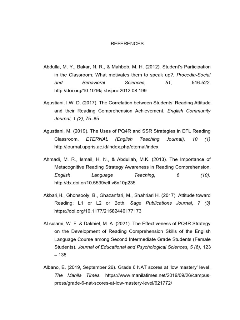 Baynosa 7 References | PDF | Reading Comprehension | Metacognition