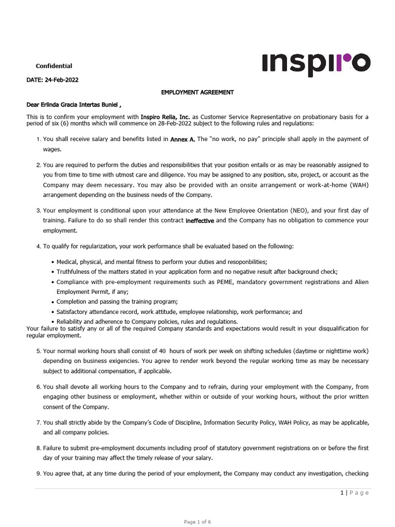 Employment Agreement for Customer Service Role | PDF | Employment ...
