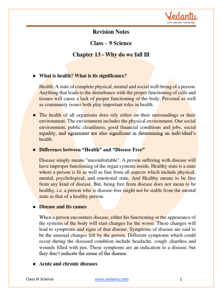 Why Do We Fall Ill Class 9 Notes CBSE Science Chapter 13 PDF | PDF ...