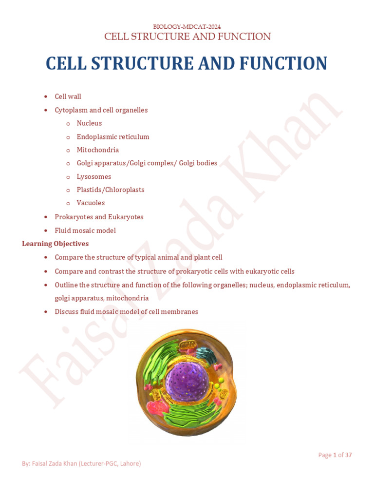 MDCAT-2024 - Cell Structure and Function (By Faisal Zada Khan-PGC) | PDF | Chloroplast | Cell ...