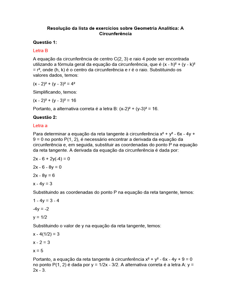 13) Resolução Da Lista de Exercícios Sobre Geometria Analitica A ... 13) Resolução Da Lista de Exercícios Sobre Geometria Analitica A ...
