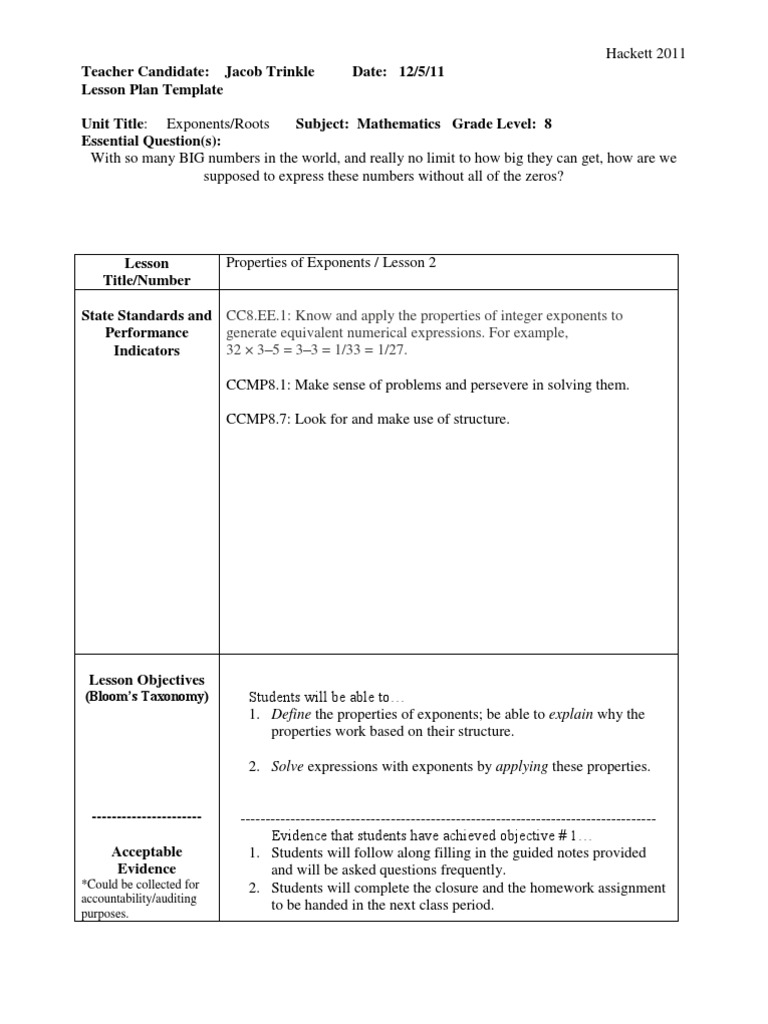 Lesson Plan Properties of Exponents | PDF | Exponentiation | Homework