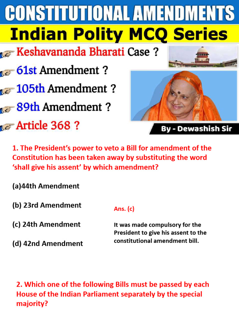 Amendment - Polity MCQ Series | PDF | Bill (Law) | Government Of India