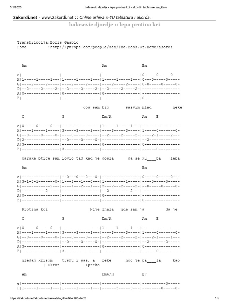 Balasevic Djordje - Lepa Protina Kci - Akordi I Tablature Za Gitaru | PDF