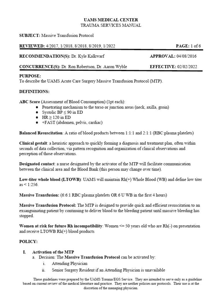 Massive Transfusion Protocol Updated 2 2022 | PDF | Blood Transfusion ...