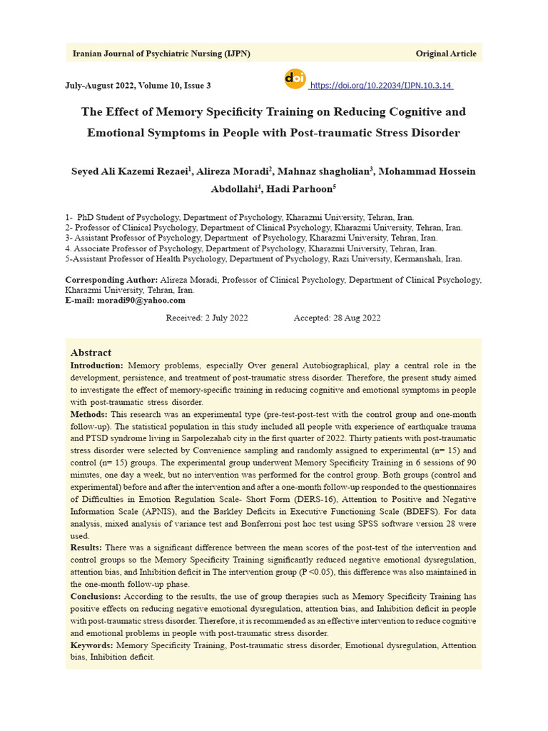 The Effect of Memory Specificity Training On Reducing Cognitive and ...