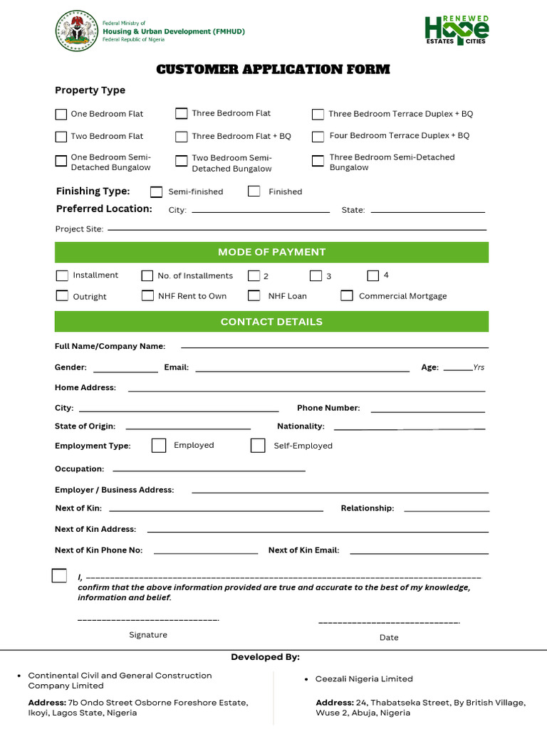 RENEWED HOPE HOUSING PROJECT CUSTOMER APPLICATION FORM | PDF | Housing ...