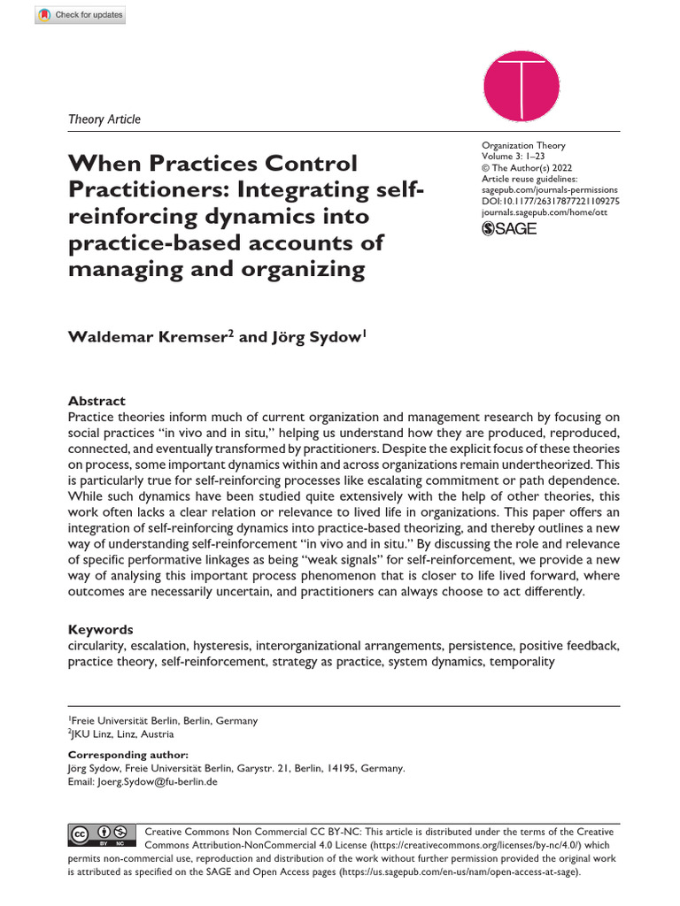 Kremser Sydow 2022 When Practices Control Practitioners Integrating Self Reinforcing Dynamics ...