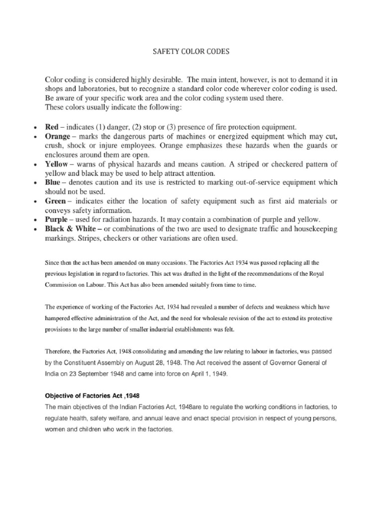 Safety Color Codes and Factory Act 1948 | PDF