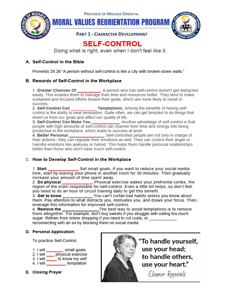 CHAR 35 SELF CONTROL Student | PDF | Self-Management | Self Control
