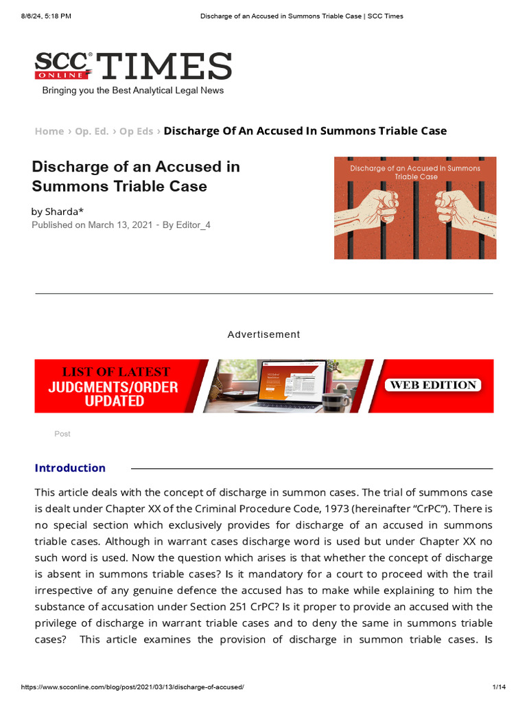 Discharge of An Accused in Summons Triable Case - SCC Times | PDF ...