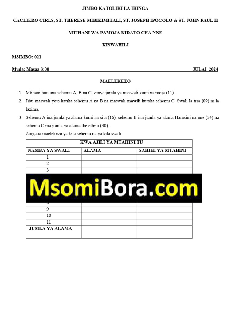 Kiswahili - Exam N Answers | PDF