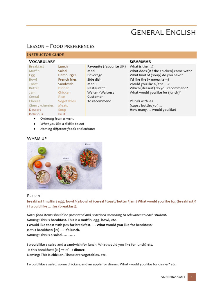 Lesson - Food Pref, Cuisines & Menu Order | PDF | Lunch | Meal