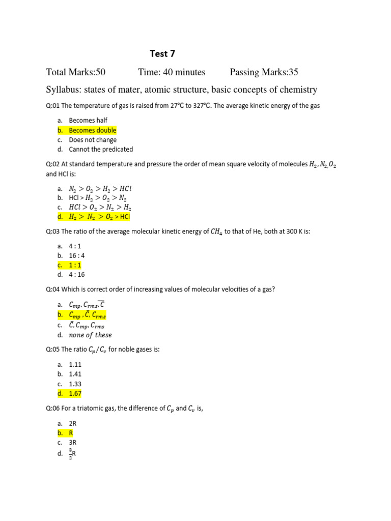 Test 7 Key | PDF | Gases | Crystal Structure
