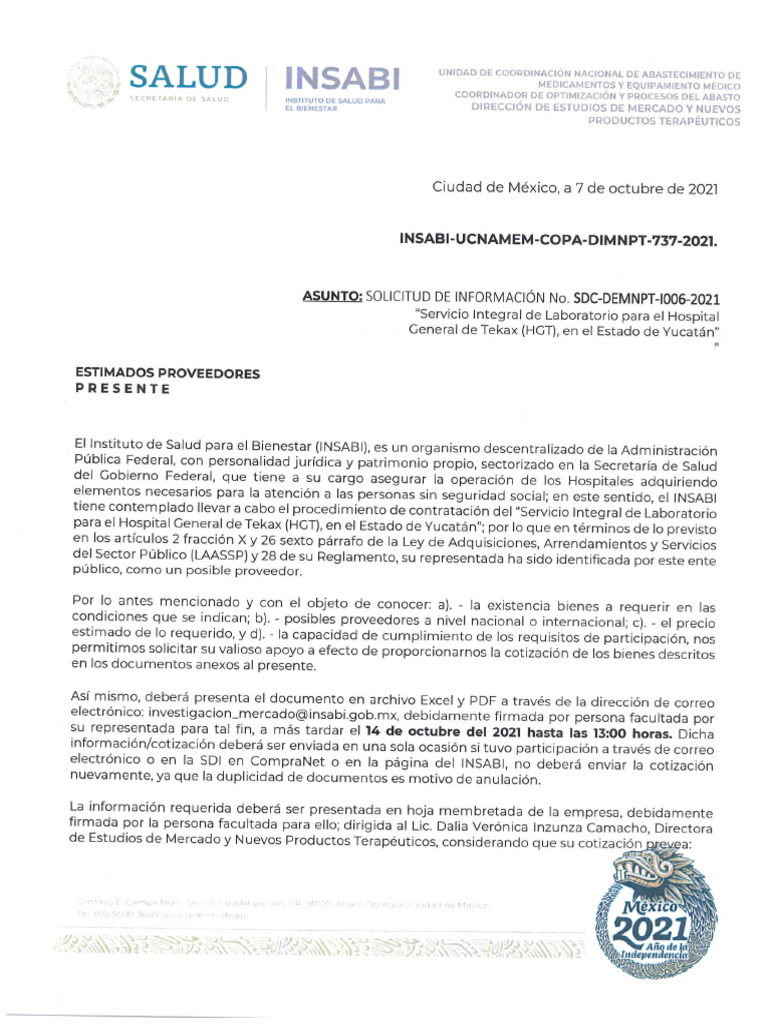 Oficio de Petici N de Ofertas SDC Insabi No. 737-2021 | PDF
