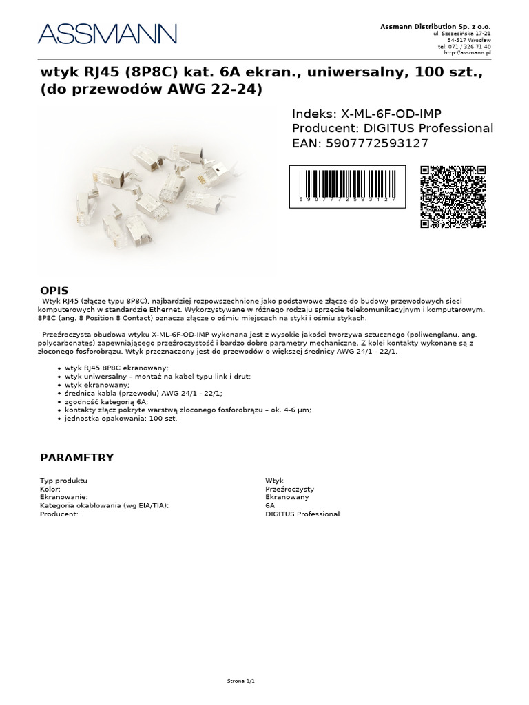 X ML 6f Od Imp Wtyk rj45 8p8c Kat 6a Ekran Uniwersalny 100 SZT Do ...