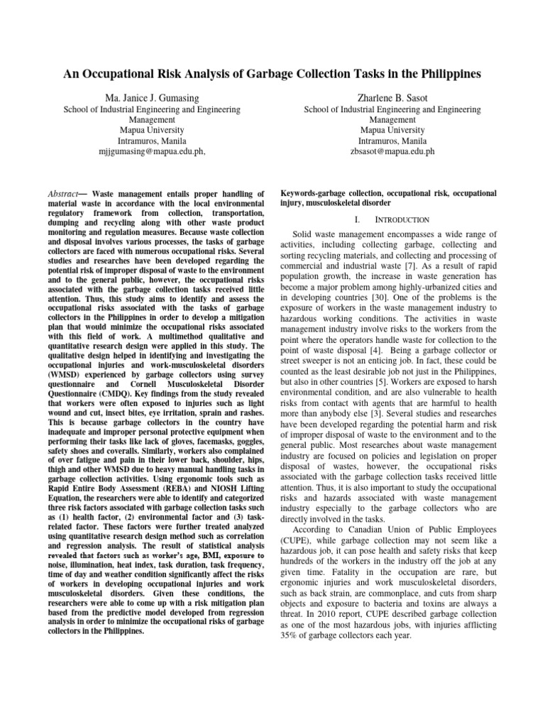 An Occupational Risk Analysisof Garbage Collection Tasksinthe Philippines | PDF | Personal ...