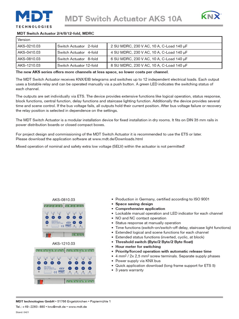 MDT DS Switch Actuator AKS 10A 03 | PDF | Switch | Relay