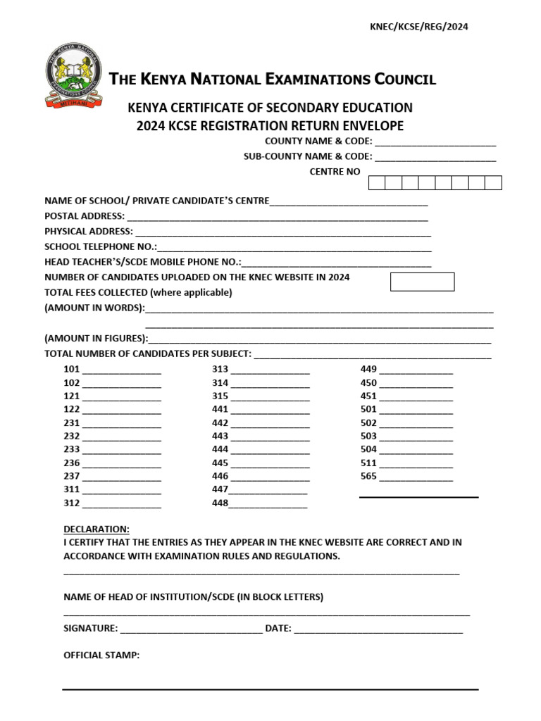 2024 Kcse Registration Return Envelops | PDF | Written Communication