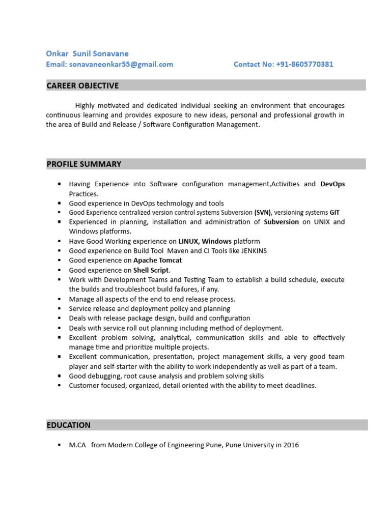 Career Objective: Onkar Sunil Sonavane | PDF | Software Engineering | Computing