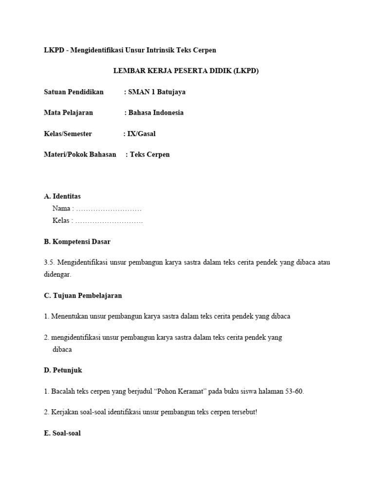 LKPD Cerpen untuk Siswa Kelas IX | PDF