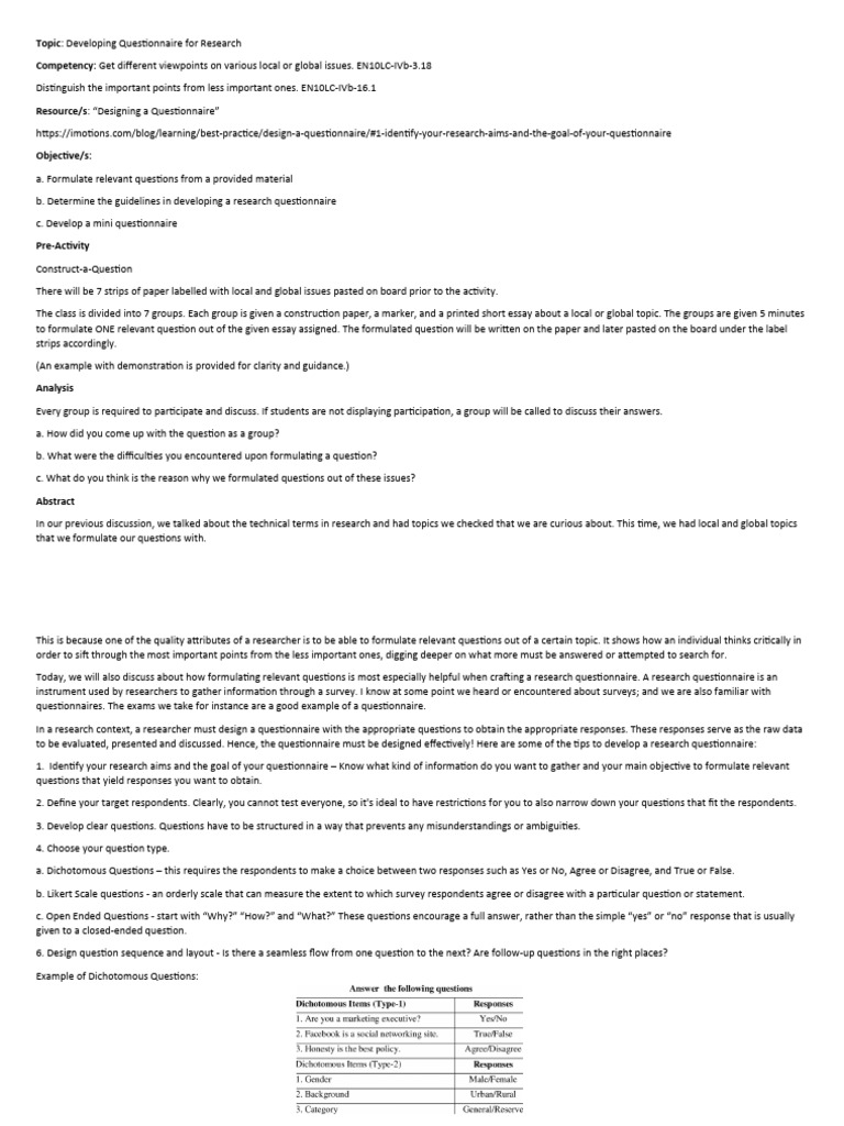 Developing A Questionnaire | PDF | Questionnaire | Survey Methodology