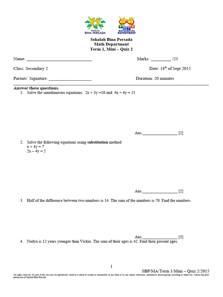 Secondary 2 Math Mini Quiz 2 | PDF | Mathematics | Algebra