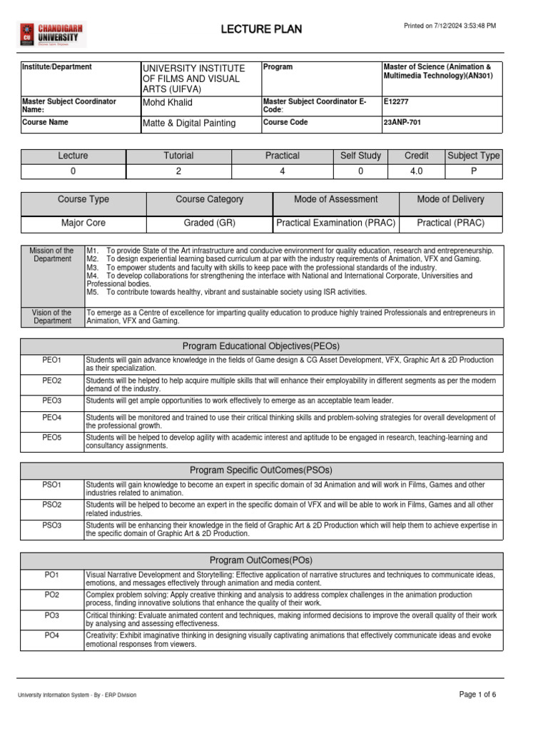 LecturePlan AN301 23ANP-701 | PDF | Graphic Design | Critical Thinking