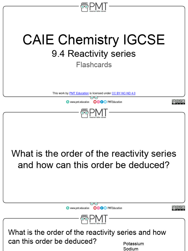 9.4 Reactivity series Flash card | PDF | Magnesium | Sodium