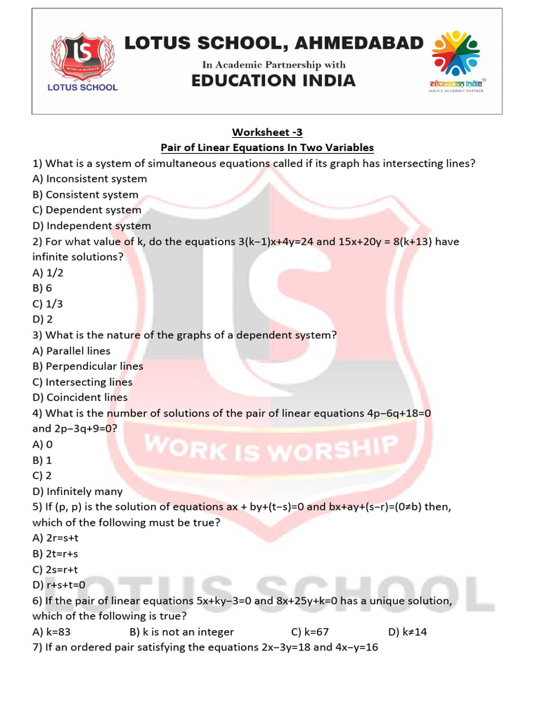ch3 Linear Equations in Two Variables Worksheet of Maths | PDF ...