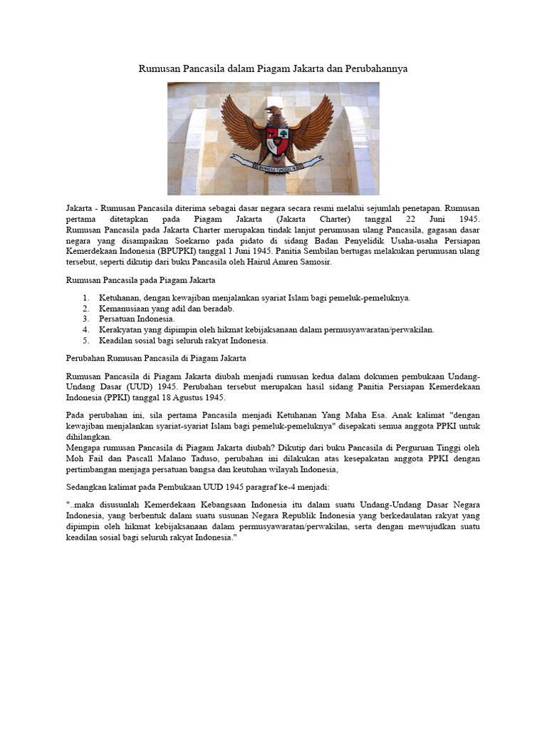 Rumusan Pancasila Dalam Piagam Jakarta Dan Perubahannya | PDF