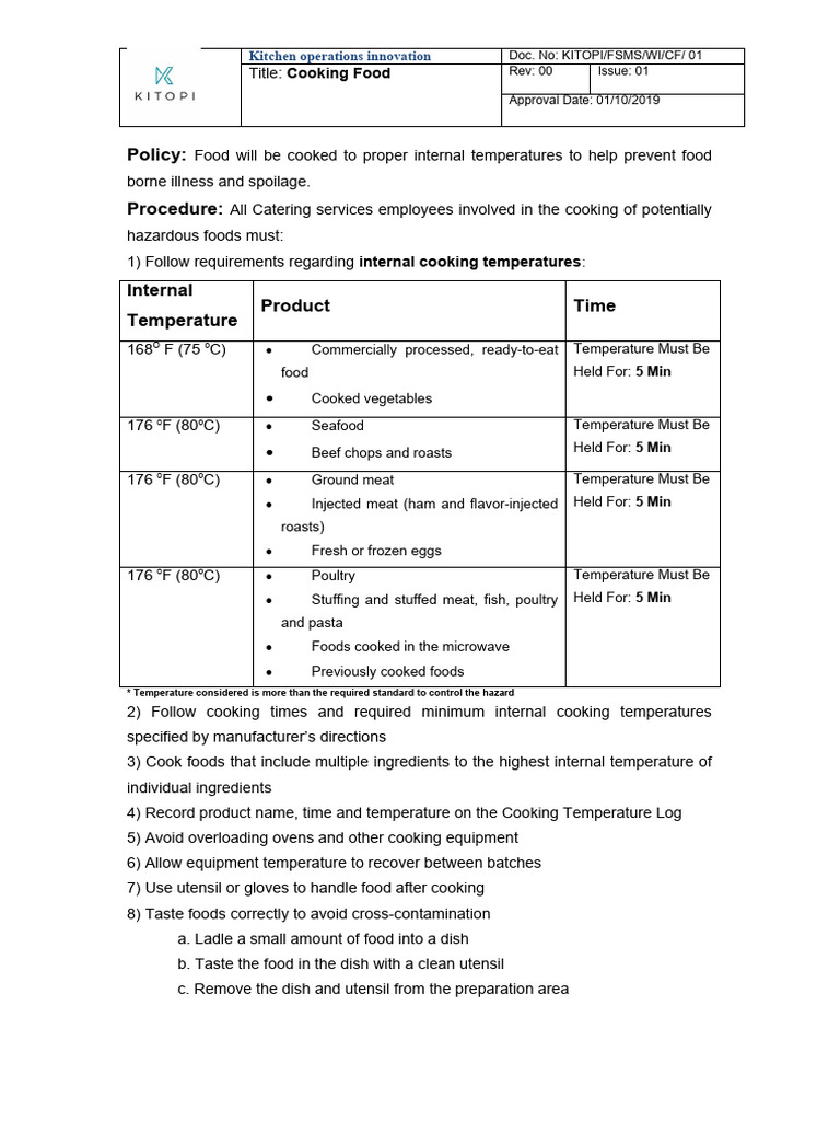 Cooking Food SOP | PDF | Cooking | Kitchen Utensil