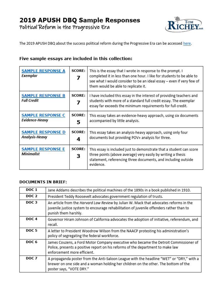 2019 APUSH DBQ: Progressive Era Reforms | PDF | Progressivism In The ...