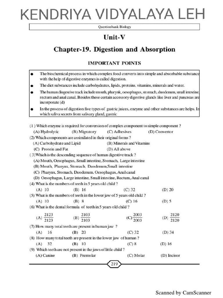 11 Bio Unit 4 Digestion and Absorption MCQ | PDF