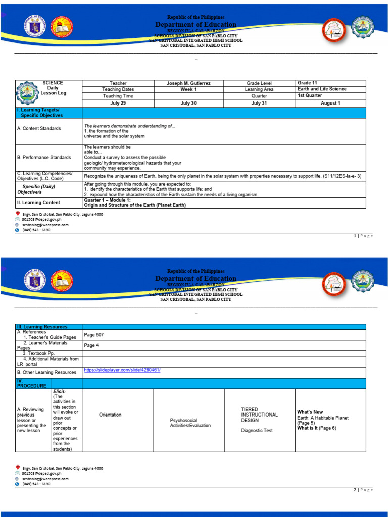 DLP For SHS 7 E's EALS W1 | PDF | Life | Earth