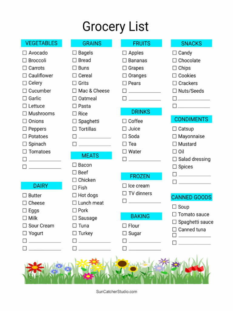 Free Printable Grocery List by Category 1 010101 00eeff | PDF