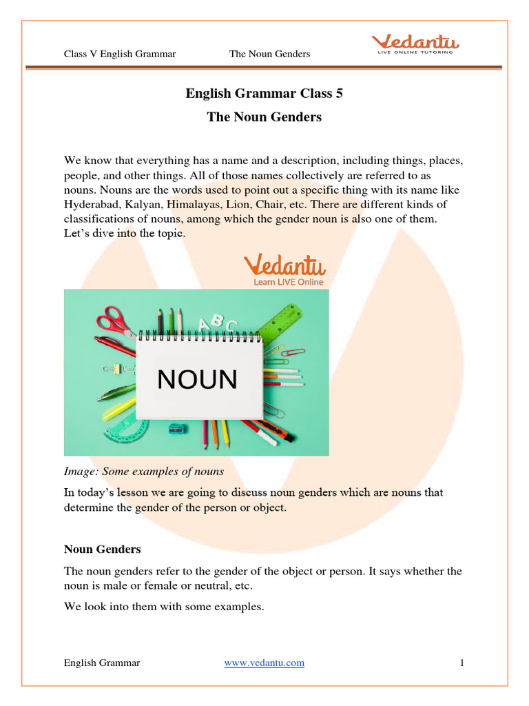 Noun Genders Worksheet for Class 5 | PDF | Grammatical Gender | Noun